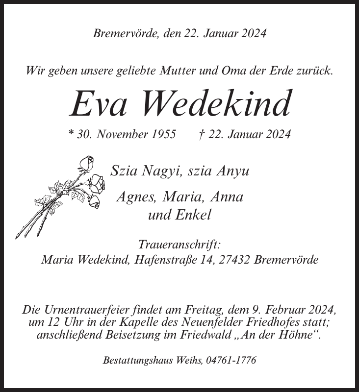 Eva Wedekind: Traueranzeige : Bremervörder Zeitung