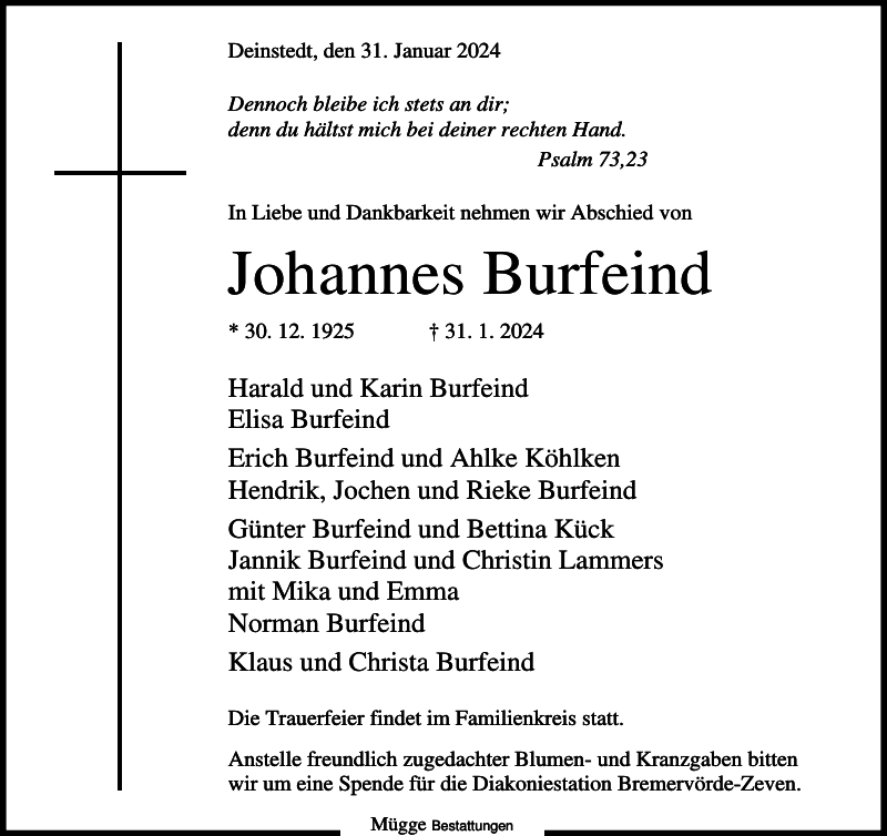 Johannes Burfeind: Traueranzeige : Bremervörder Zeitung