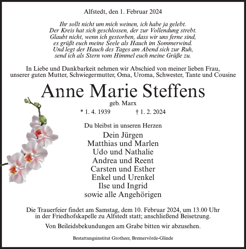 Anne Marie Steffens: Traueranzeige : Bremervörder Zeitung