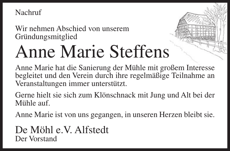 Anne Marie Steffens: Nachruf : Bremervörder Zeitung