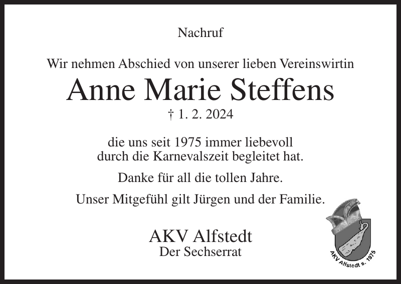 Anne Marie Steffens: Nachruf : Bremervörder Zeitung