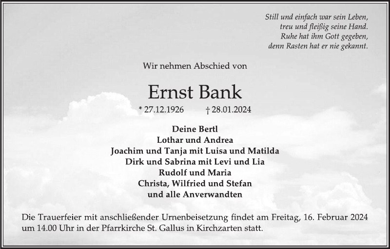 Ernst Bank: Traueranzeige : Badische Zeitung