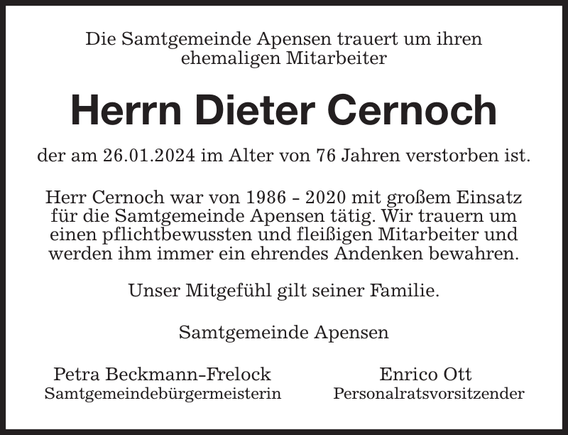 Dieter Cernoch: Nachruf : Stader Tageblatt