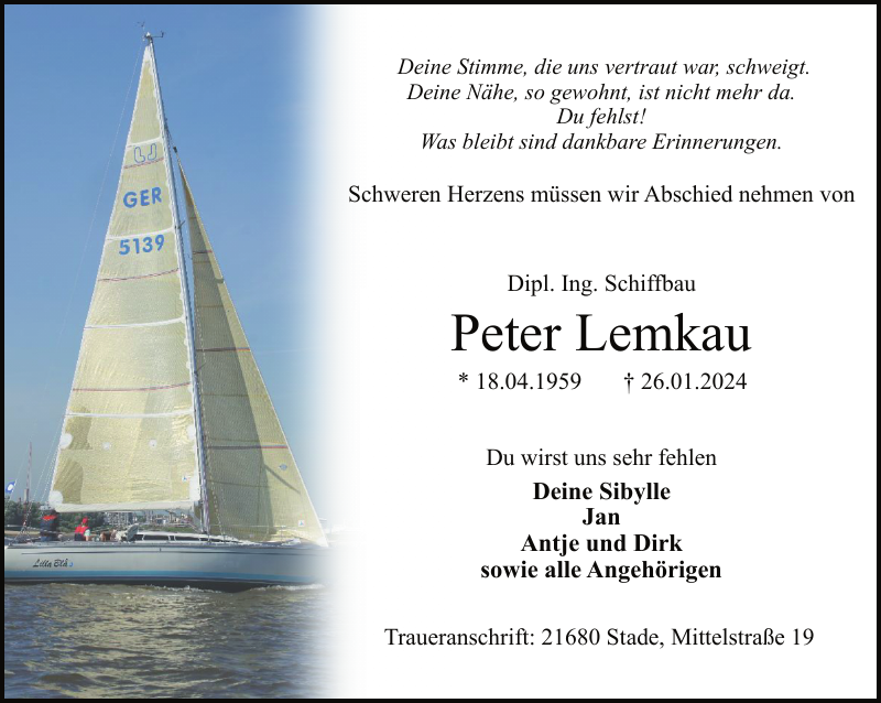 Peter Lemkau: Traueranzeige : Stader Tageblatt