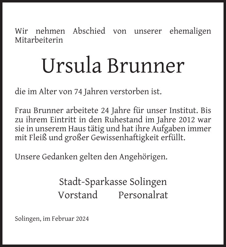 Nachruf Ursula Brunner: Traueranzeige : Solinger Tageblatt Trauer
