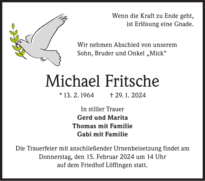 Michael Fritsche: Traueranzeige : Badische Zeitung