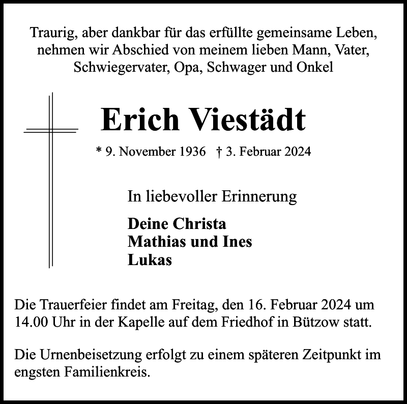 Erich Viestädt: Traueranzeige : Güstrower Zeitung