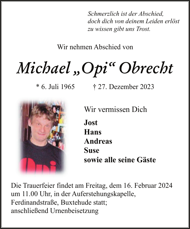 Michael Obrecht: Traueranzeige : Stader Tageblatt