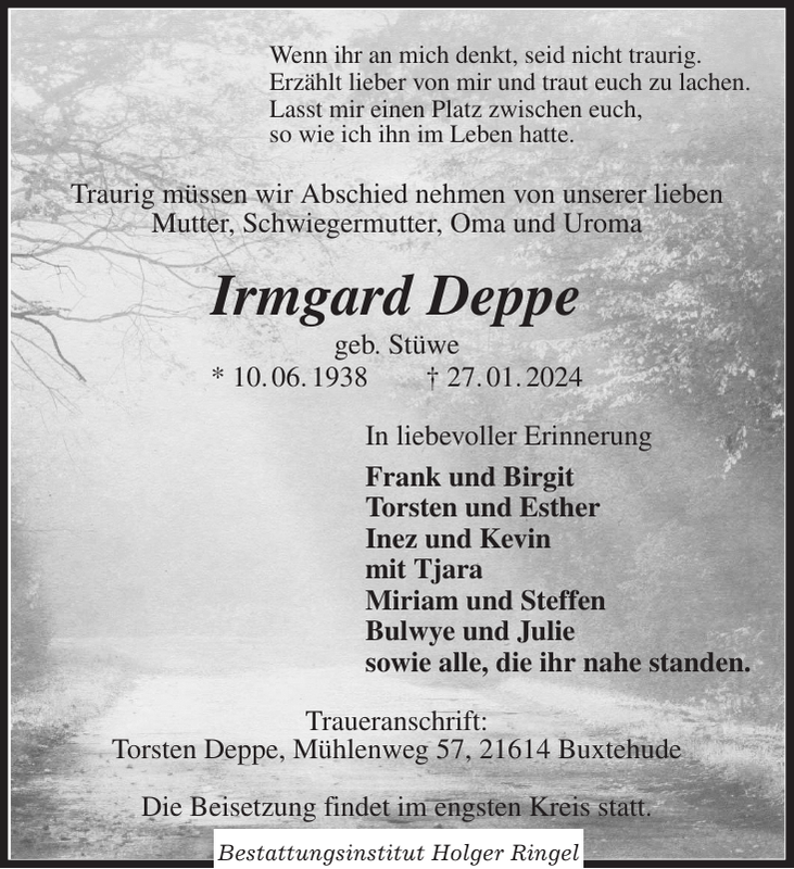 Irmgard Deppe: Traueranzeige : Stader Tageblatt