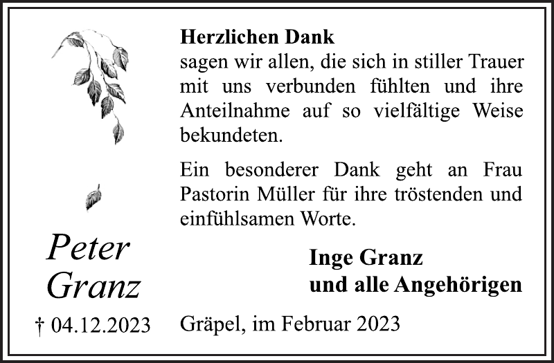 Peter Granz: Danksagung : Stader Tageblatt
