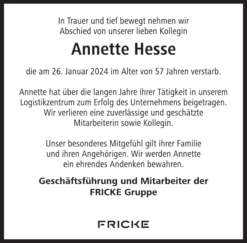 Annette Hesse: Nachruf : Stader Tageblatt