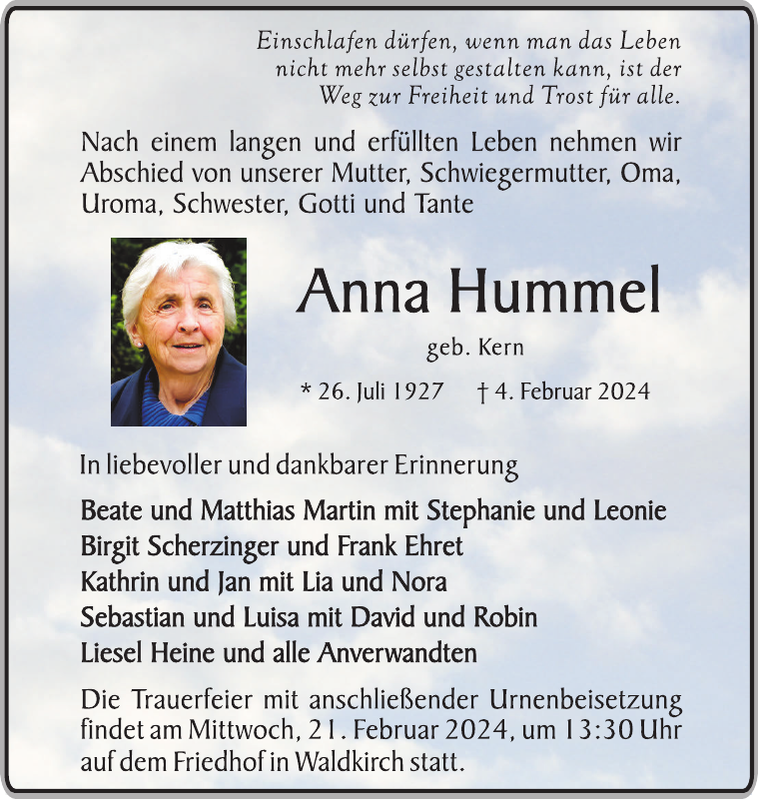 Anna Hummel: Traueranzeige : Badische Zeitung