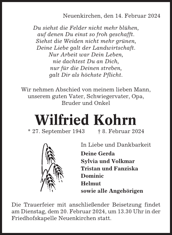 Wilfried Kohrn: Traueranzeige : Niederelbe-Zeitung