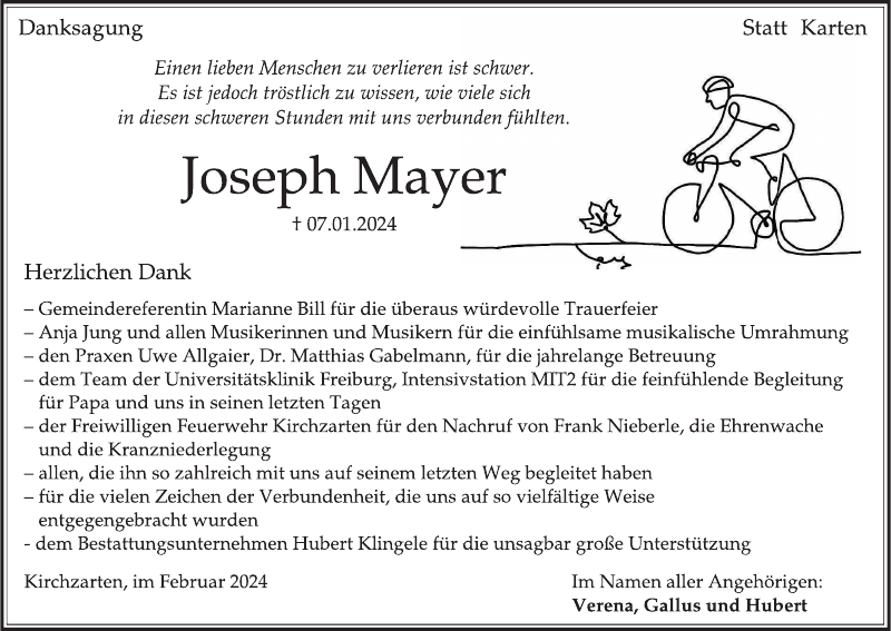 Joseph Mayer: Danksagung : Badische Zeitung