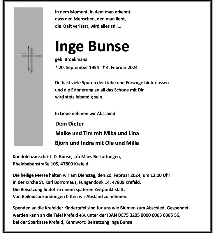 Inge Bunse: Traueranzeige : Westdeutsche Zeitung