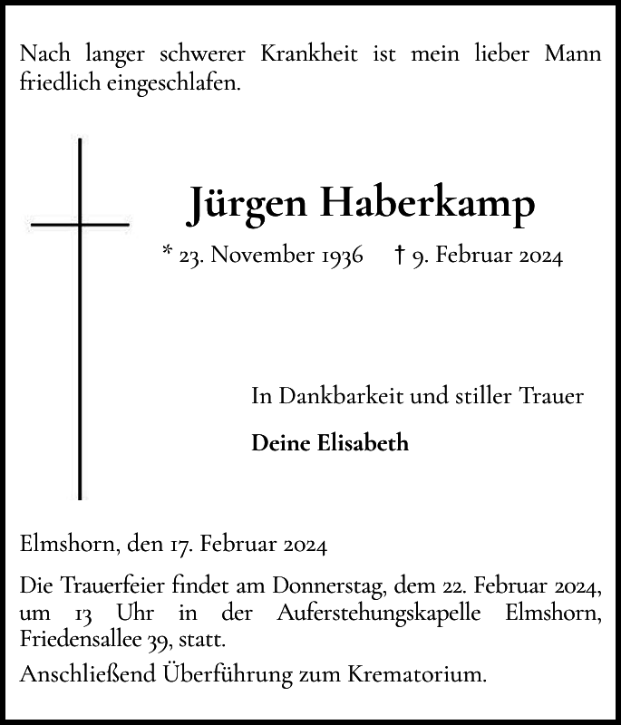 Jürgen Haberkamp: Traueranzeige : Elmshorner Nachrichten