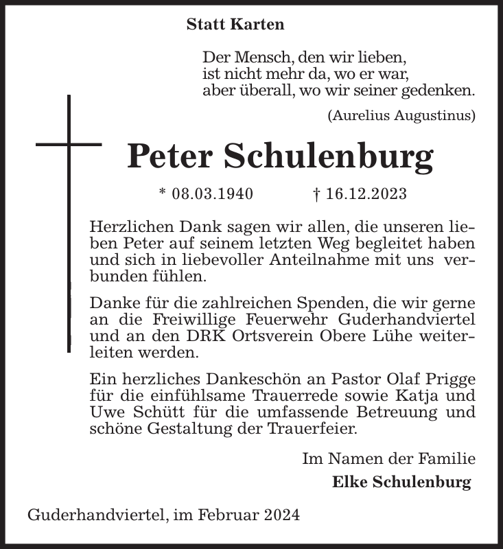 Peter Schulenburg: Danksagung : Stader Tageblatt