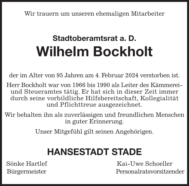 Wilhelm Bockholt: Nachruf : Stader Tageblatt