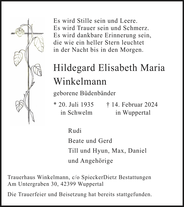 Hildegard Elisabeth Maria Winkelmann: Traueranzeige : Westdeutsche Zeitung