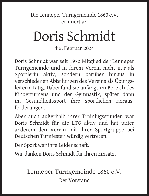 Doris Schmidt: Traueranzeige : Remscheider General-Anzeiger