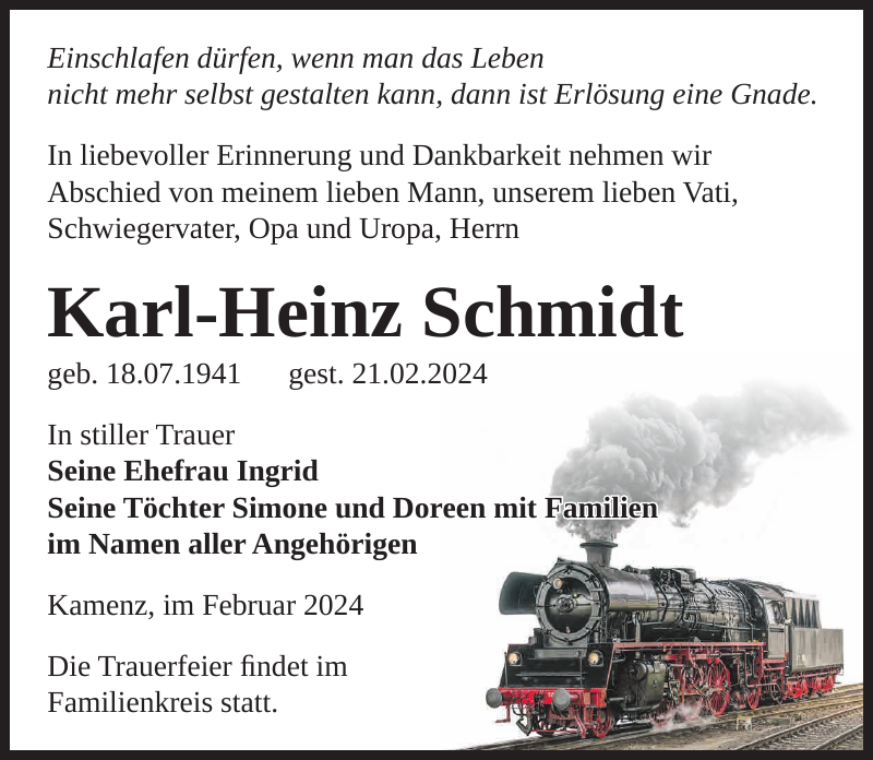 Karl-Heinz Schmidt: Traueranzeige : Sächsische Zeitung