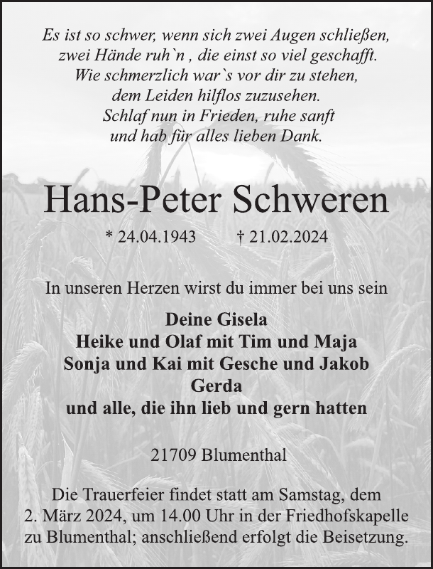 Hans-Peter Schweren: Traueranzeige : Stader Tageblatt