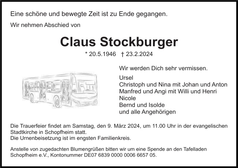 Claus Stockburger: Traueranzeige : Badische Zeitung