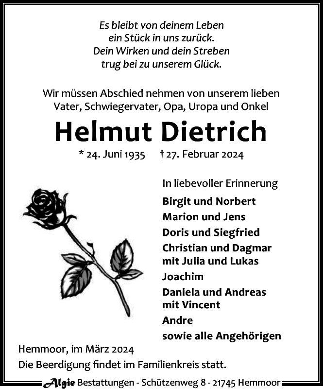 Helmut Dietrich: Traueranzeige : Niederelbe-Zeitung