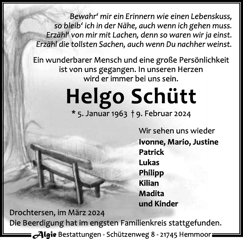 Helgo Schütt: Traueranzeige : Niederelbe-Zeitung