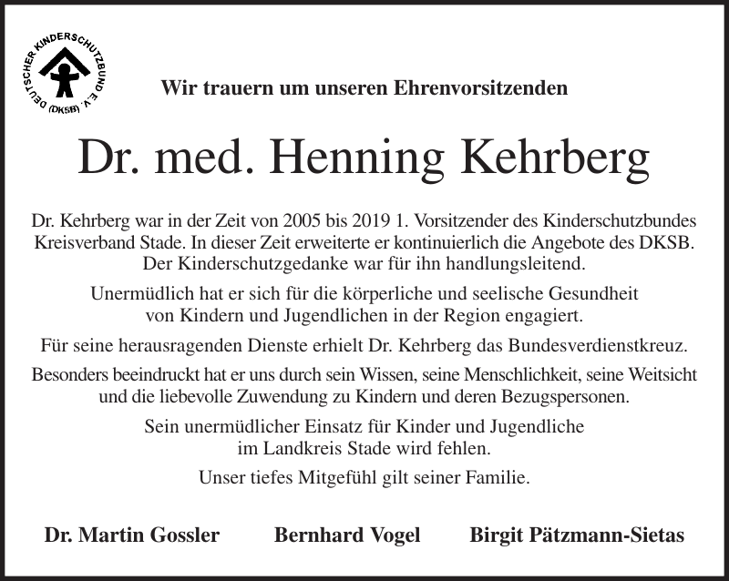 Dr. med. Henning Kehrberg: Nachruf : Stader Tageblatt