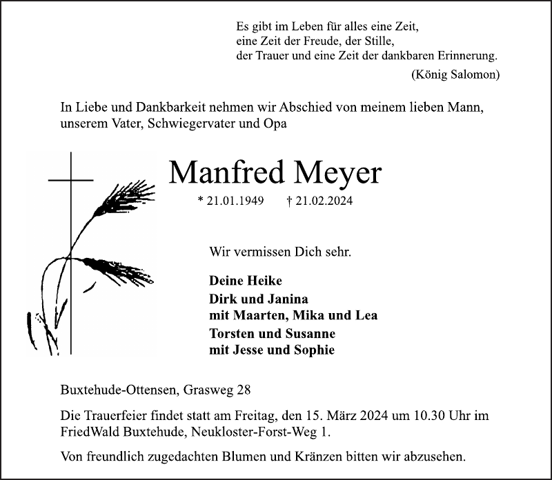 Manfred Meyer: Traueranzeige : Stader Tageblatt