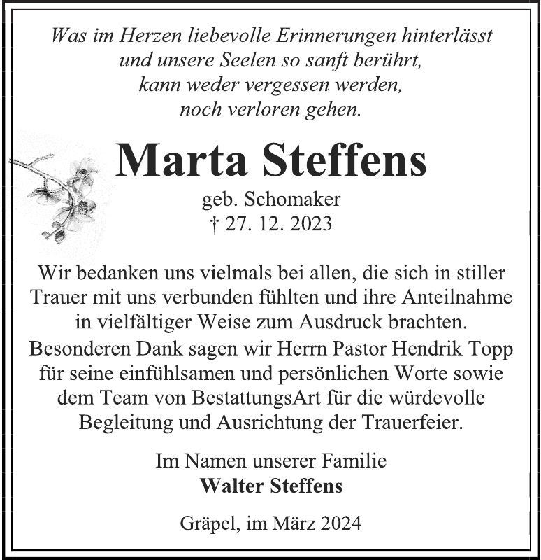 Marta Steffens: Danksagung : Stader Tageblatt