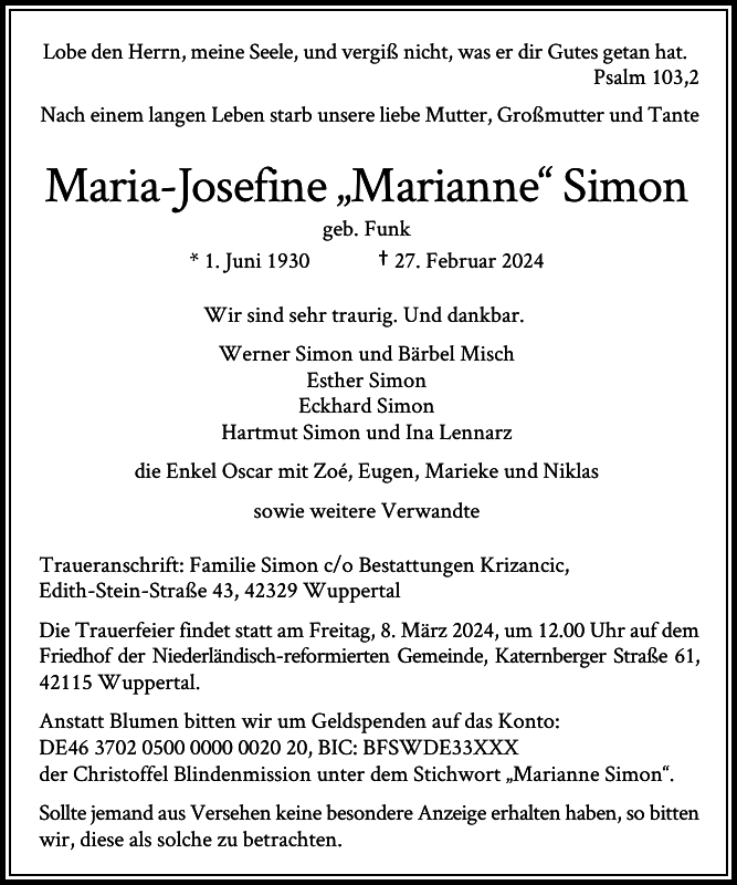 Maria-Josefine Marianne Simon: Traueranzeige : Westdeutsche Zeitung
