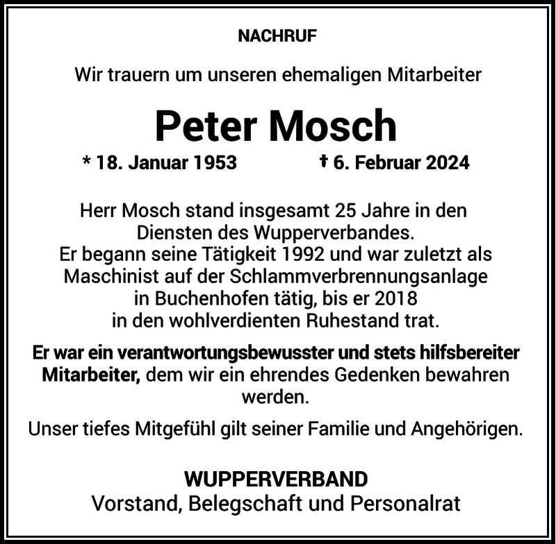 Peter Mosch: Nachruf : Westdeutsche Zeitung