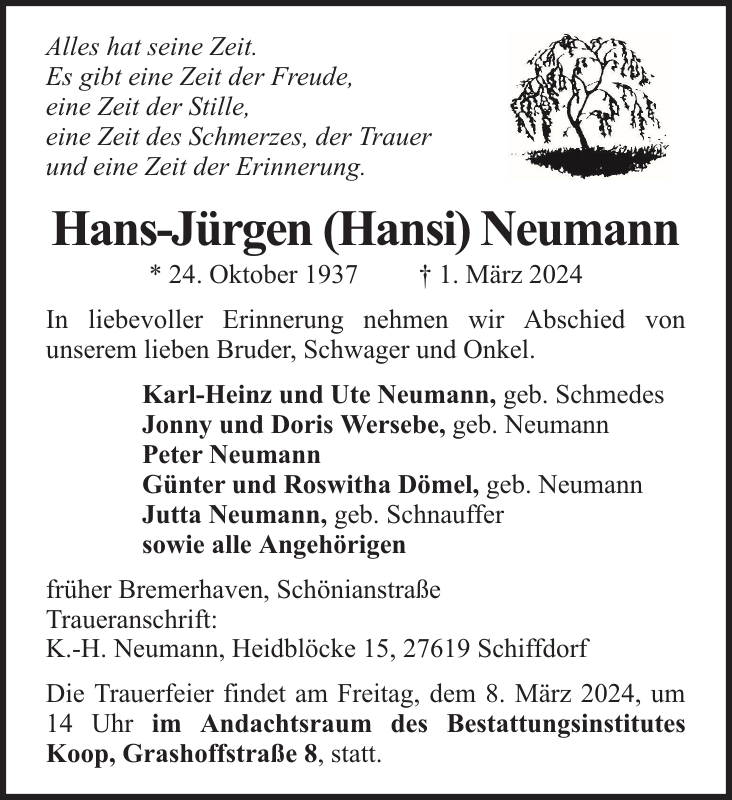 Hans-Jürgen (Hansi) Neumann: Gedenken : Nordsee-Zeitung