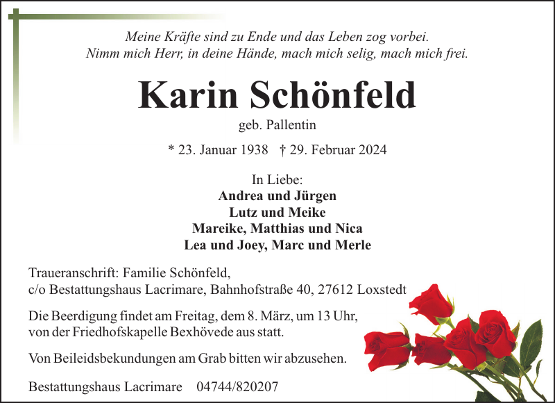 Karin Schönfeld: Gedenken : Nordsee-Zeitung