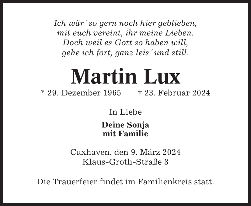 Martin Lux: Traueranzeige : Cuxhavener Nachrichten