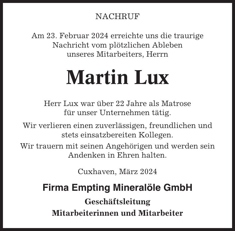 Martin Lux: Gedenken : Cuxhavener Nachrichten