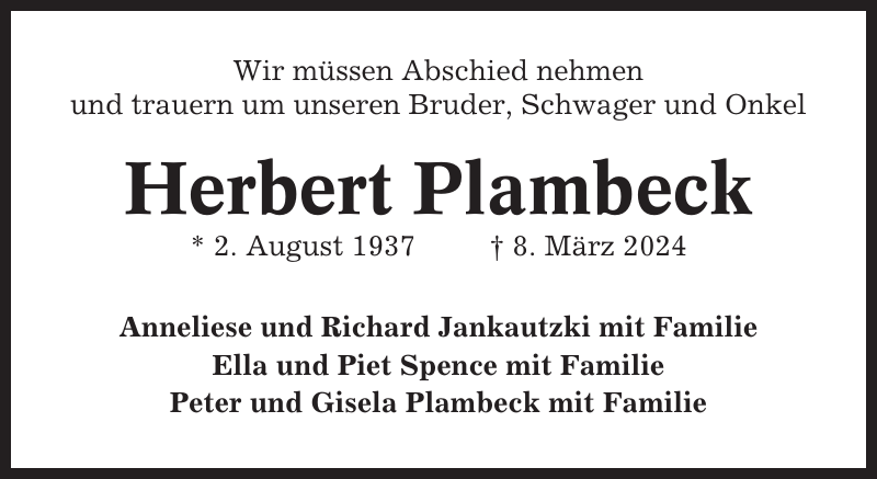 Herbert Plambeck: Gedenken : Cuxhavener Nachrichten