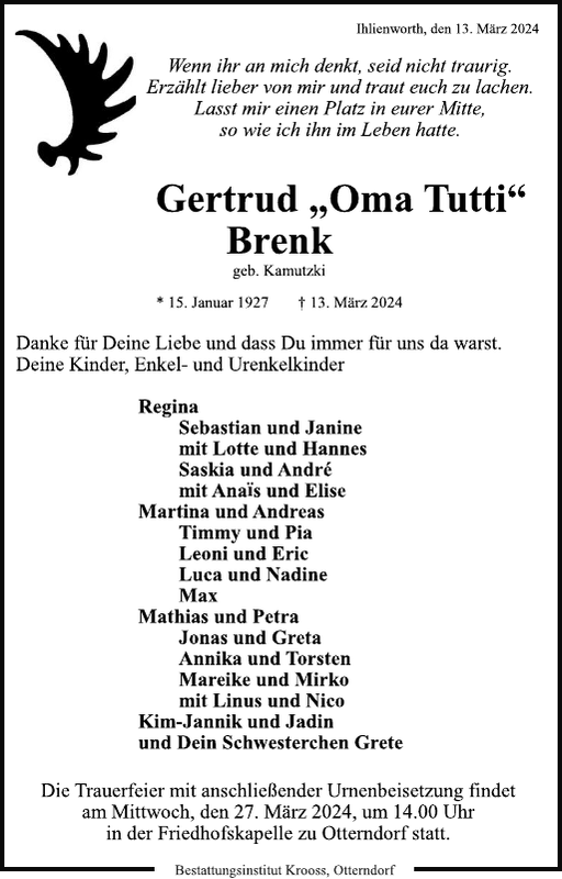 Gertrud Brenk: Traueranzeige : Niederelbe-Zeitung