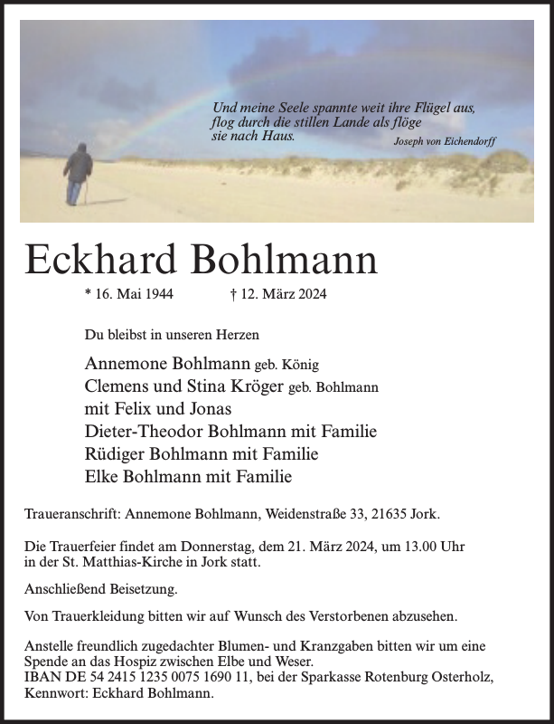 Eckhard Bohlmann: Traueranzeige : Stader Tageblatt