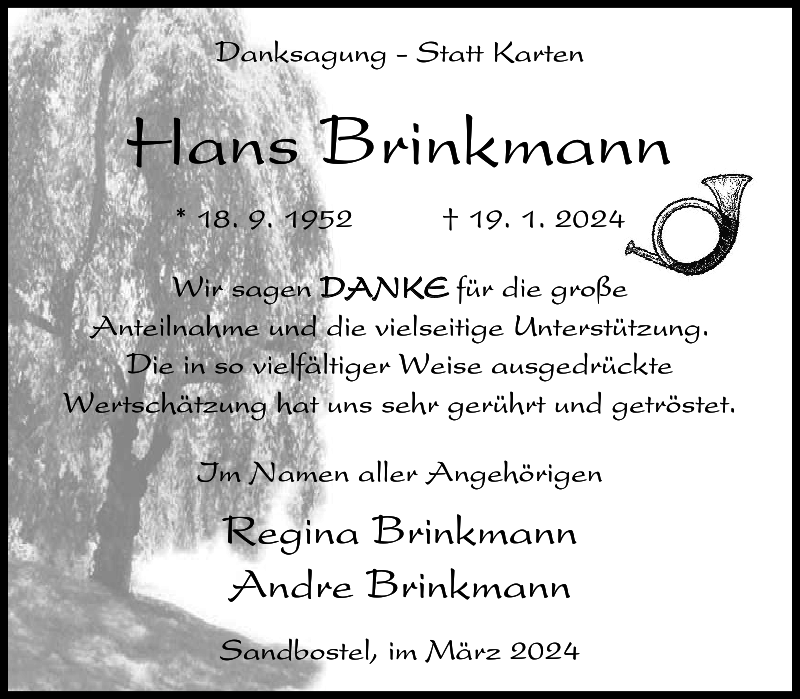 Hans Brinkmann: Danksagung : Bremervörder Zeitung