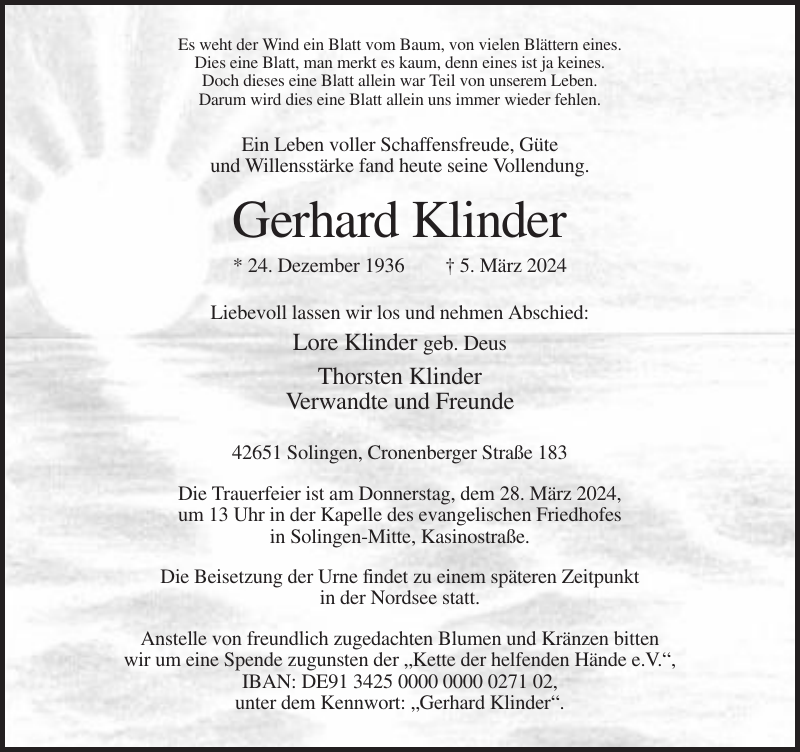 Gerhard Klinder: Traueranzeige : Solinger Tageblatt Trauer
