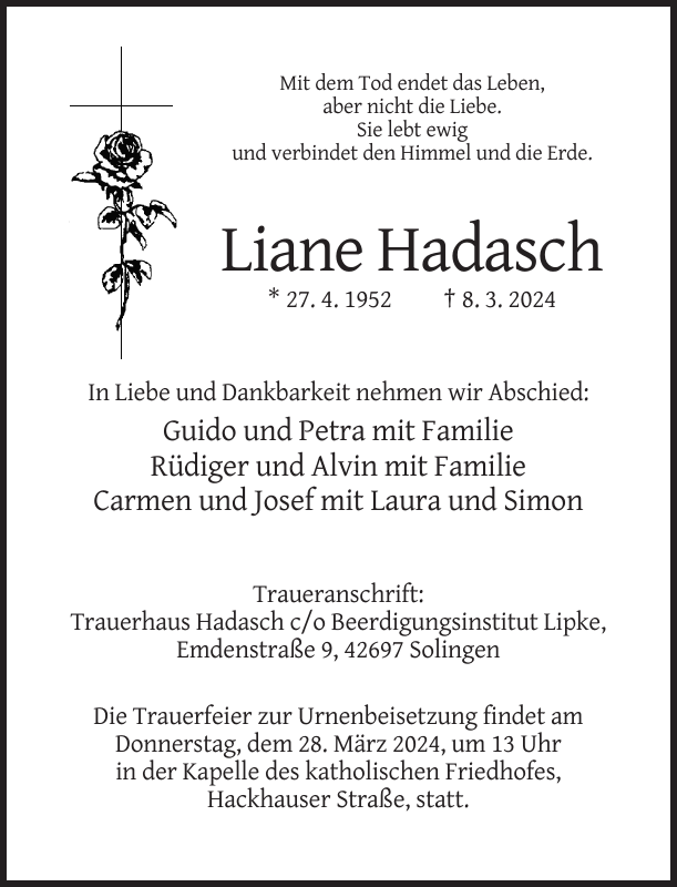 Liane Hadasch: Traueranzeige : Solinger Tageblatt Trauer