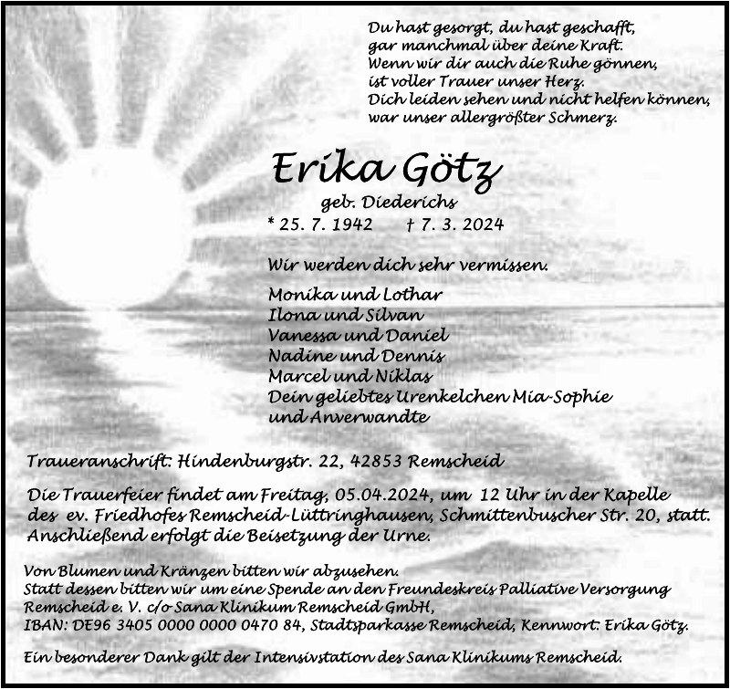 Erika Götz: Traueranzeige : Remscheider General-Anzeiger