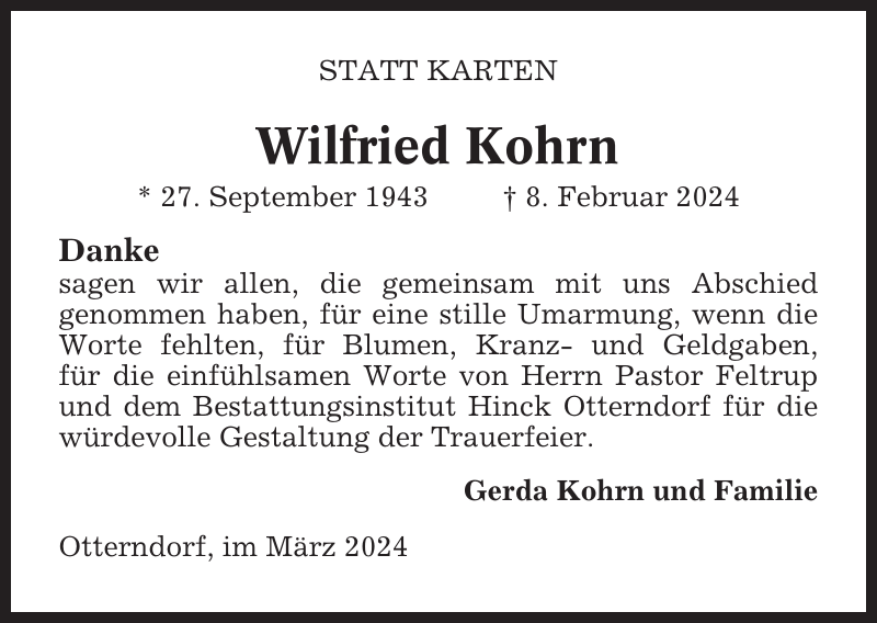 Wilfried Kohrn: Danksagung : Niederelbe-Zeitung