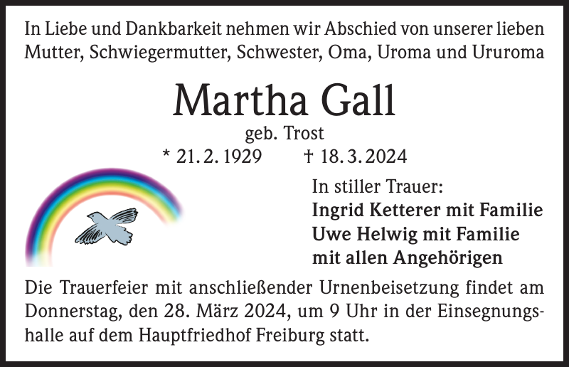Martha Gall: Traueranzeige : Badische Zeitung