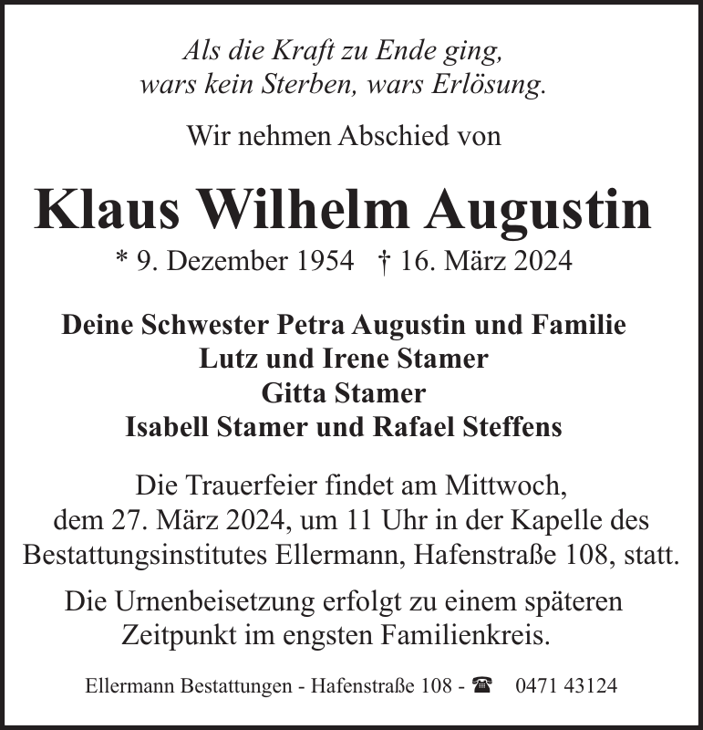 Klaus Wilhelm Augustin: Gedenken : Nordsee-Zeitung