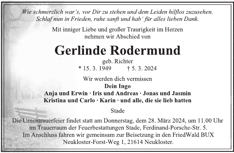 Gerlinde Rodermund: Traueranzeige : Stader Tageblatt