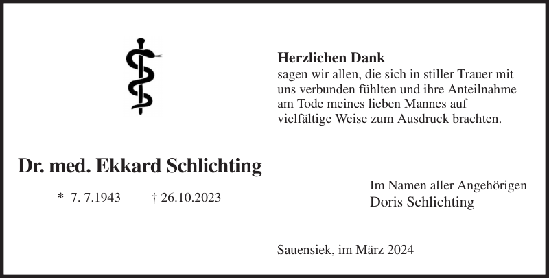Dr. med. Ekkard Schlichting: Danksagung : Stader Tageblatt